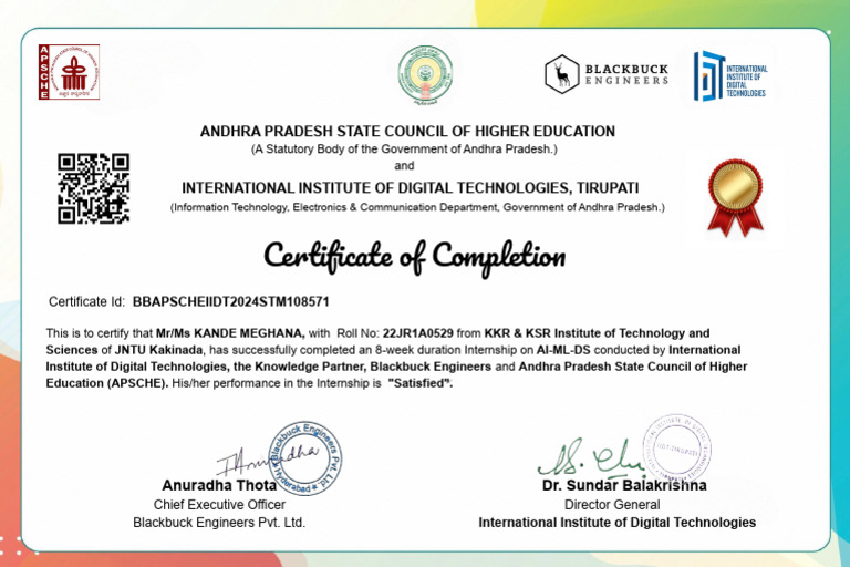 APSCHE Internship Certificate for Kande Meghana | PDF