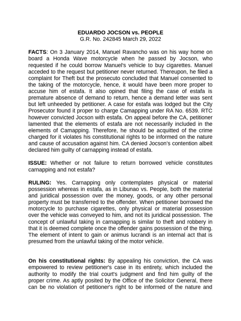Jocson VS People - Anti-Carnapping Act | PDF | Fraud | Prosecutor