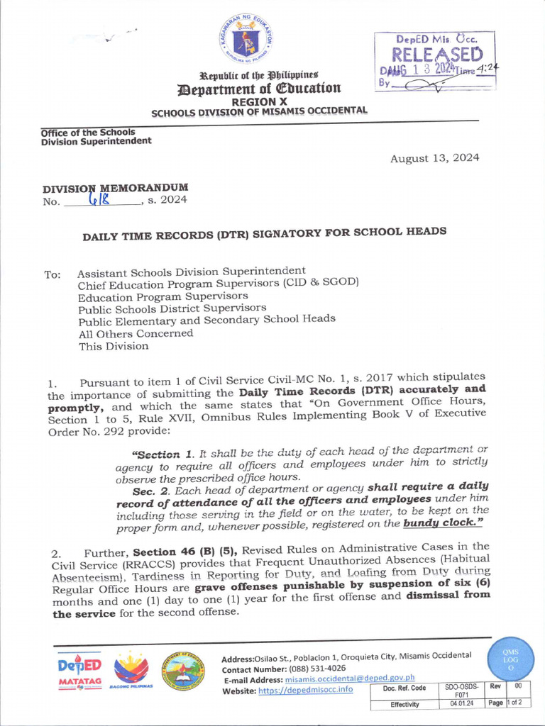 Dm. 618 S. 2024 Daily Time Records DTR Signatory For School Heads | PDF
