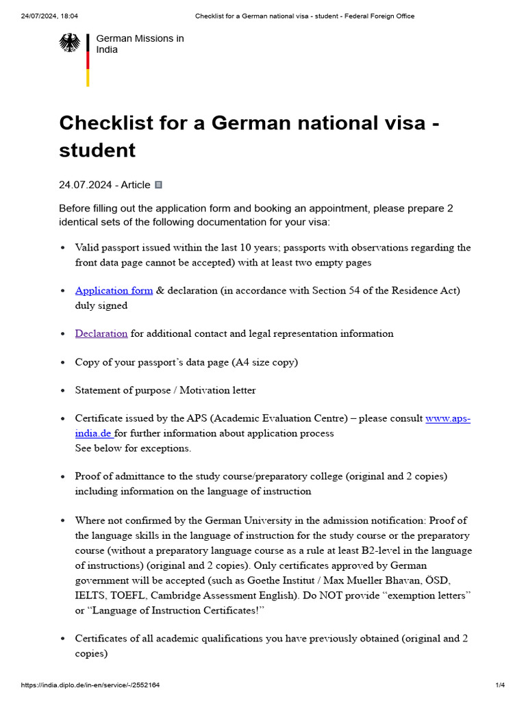 Checklist For A German National Visa - Student - Federal Foreign Office ...