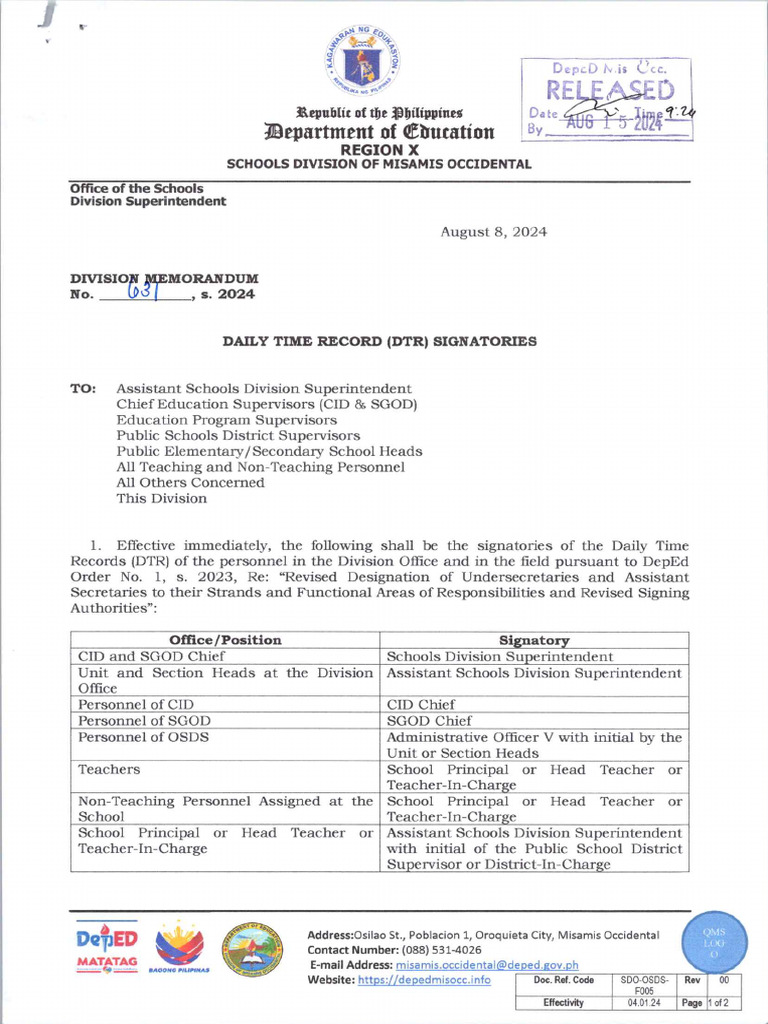 Dm. 631 S. 2024 Daily Time Record DTR Signatories | PDF