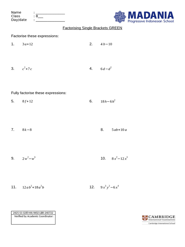 Factorising Expressions for Grade 8 | PDF
