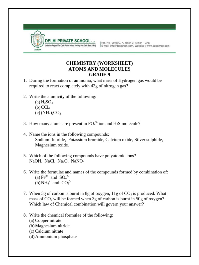 WS - ATOMS AND MOLECULES - New | PDF