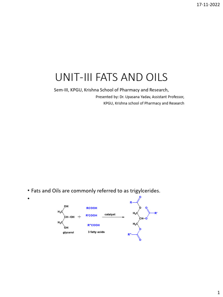 UNIT-III FATS AND OILSppt | PDF | Fatty Acid | Organic Compounds