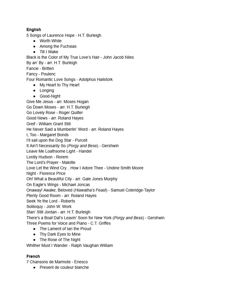 Repertoire List | PDF | Classical Composers | Vocal Music