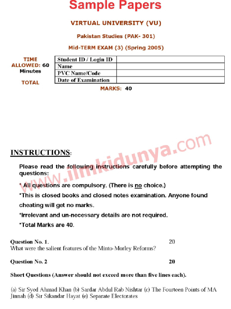 Pak 301 Pakistan Studies BS Information Technology VU University Past ...