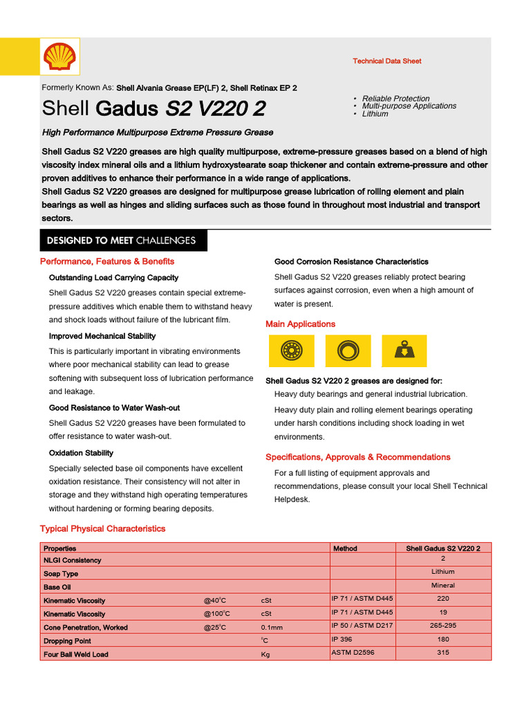 TDS Shell Gadus S2 V220 2 | PDF | Lubricant | Bearing (Mechanical)
