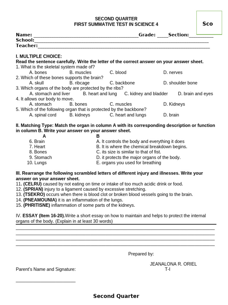 2023 2ND Quarter First Summative Science 4 | PDF | Lung | Muscle