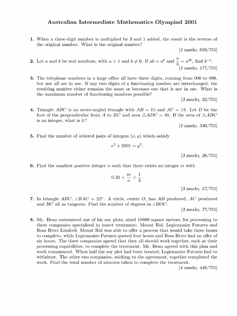 AIMO 2001 Questions | PDF