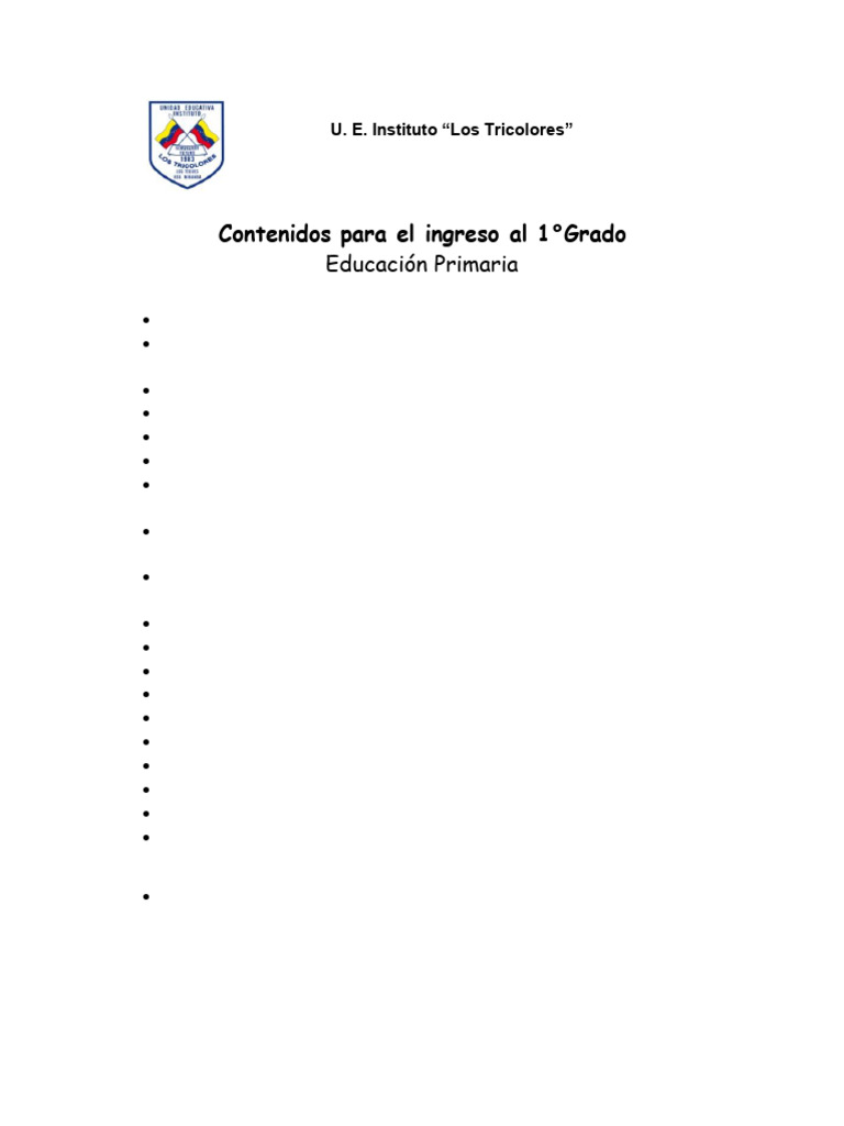 Contenidos para Ingreso a 1° Grado | PDF