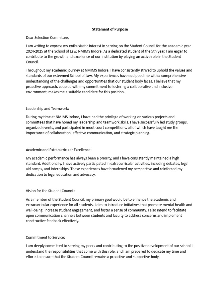 Statement of Purpose For Student Council | PDF | Leadership | Social Psychology