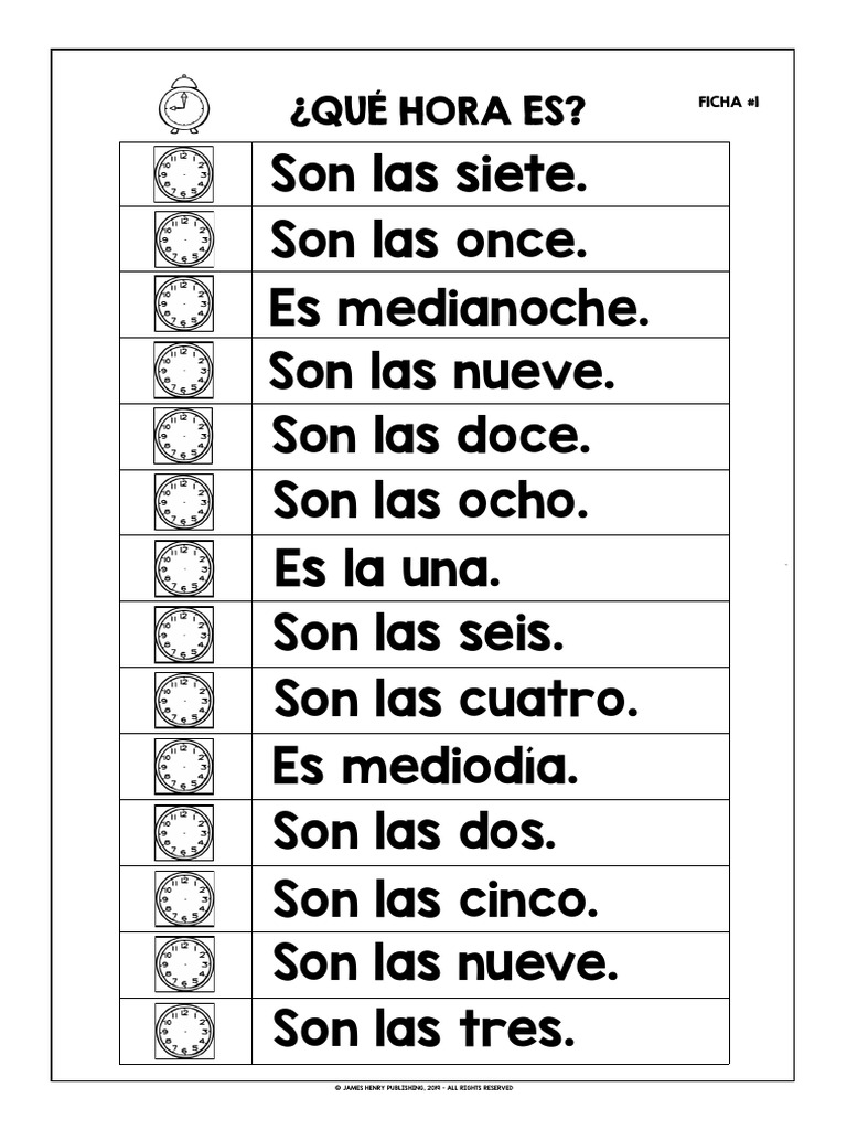 Spanish Telling Time Oclock Worksheets Freebie | PDF