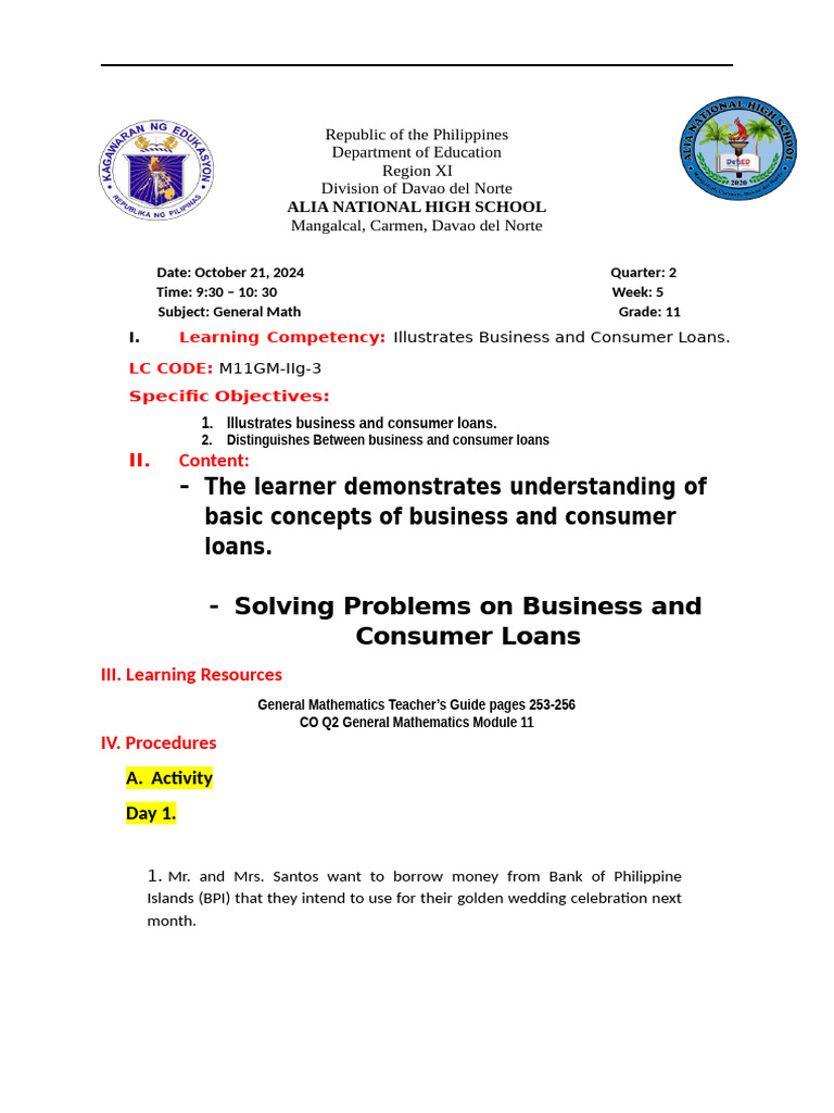 Lesson Plan math 11 | PDF | Mortgages | Loans