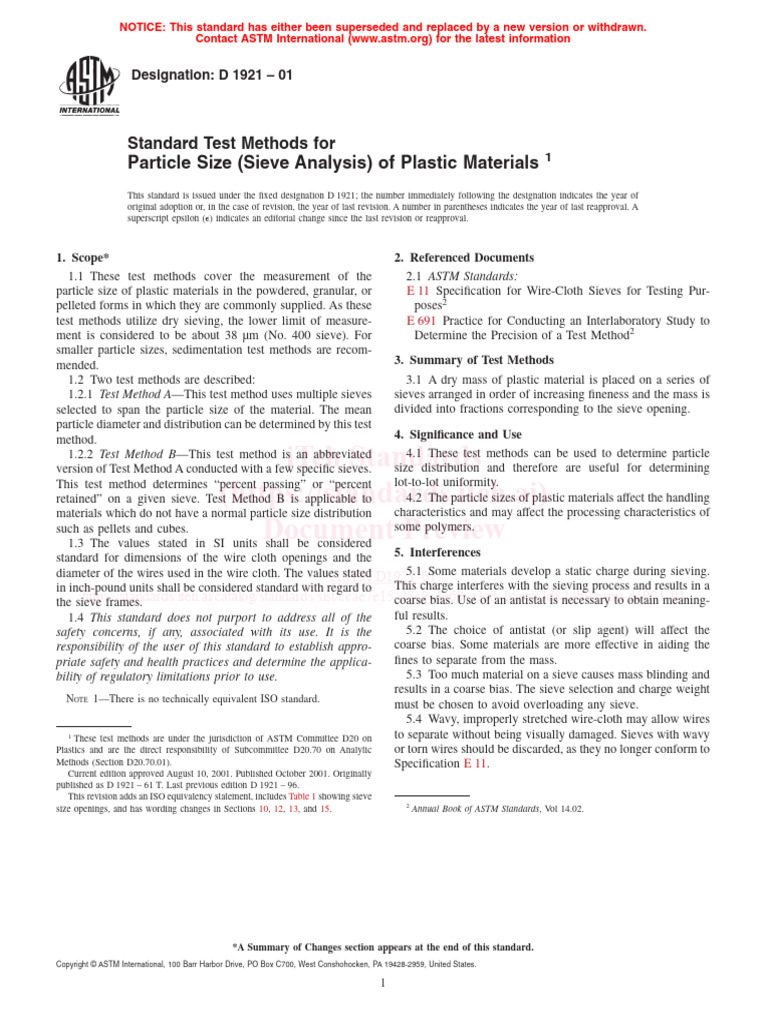 ASTM-D1921-01 | PDF | Materials