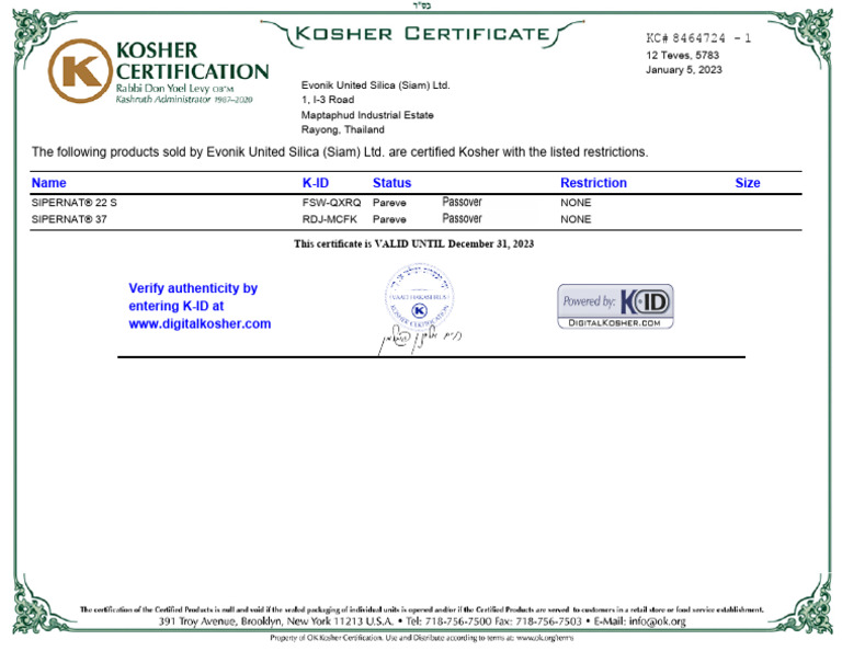 Kosher Certificate of Anticaking. | PDF