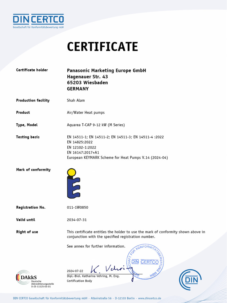 A2W Certificat HP Keymark Aquarea TCAP Serie M 9kW 12kW FR 20240725 | PDF