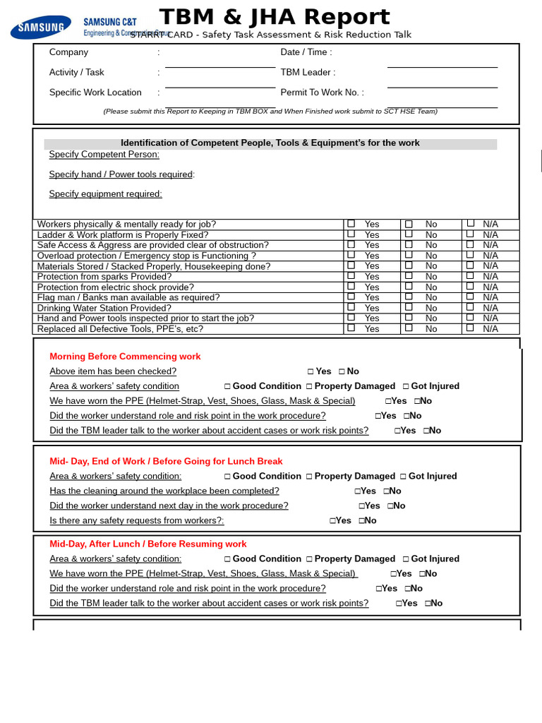 Revision 1 Hse 007 - Tbm Sheet(Starrt Card)(Day) (r1) | PDF | Personal Protective Equipment ...