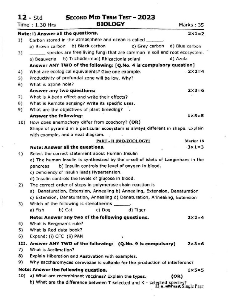 12th Biology Mid Term Paper 2023 | PDF