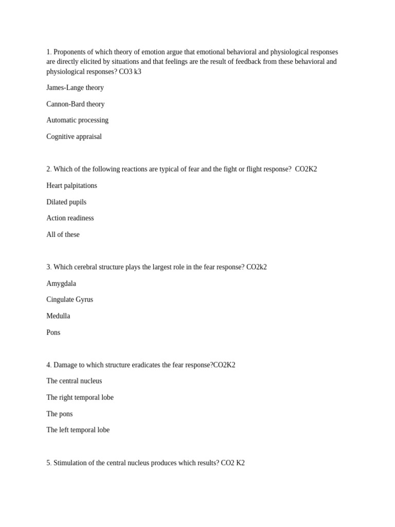 Physiological Psy Quiz | PDF | Fear | Psychology
