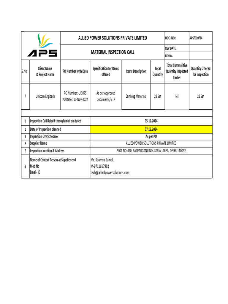 Inspection Notice for Earthing Materials | PDF