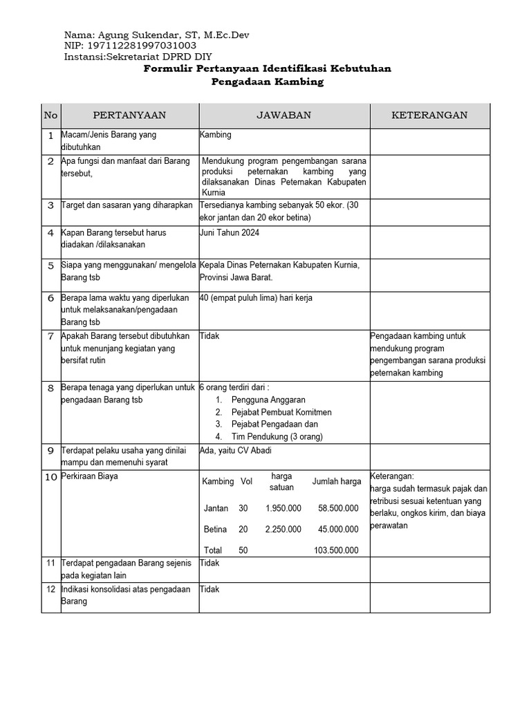 Agung Sukendar - Lampiran 1 - Form Identifikasi Kebutuhan Pengadaan Kambing (Revisi) | PDF