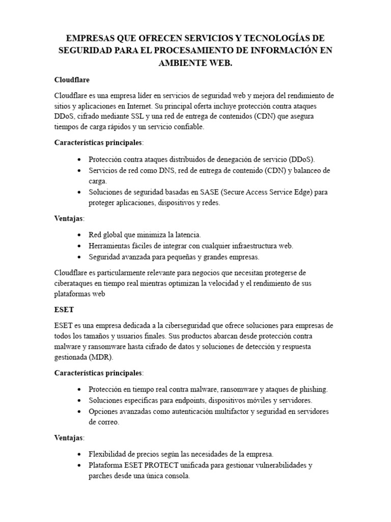 Empresas Que Ofrecen Servicios y Tecnologías de Seguridad para El Procesamiento de Información ...