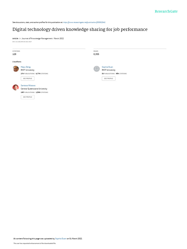 Digital Technology Driven Knowledge Sharing for Job Performance | PDF | Social Capital ...