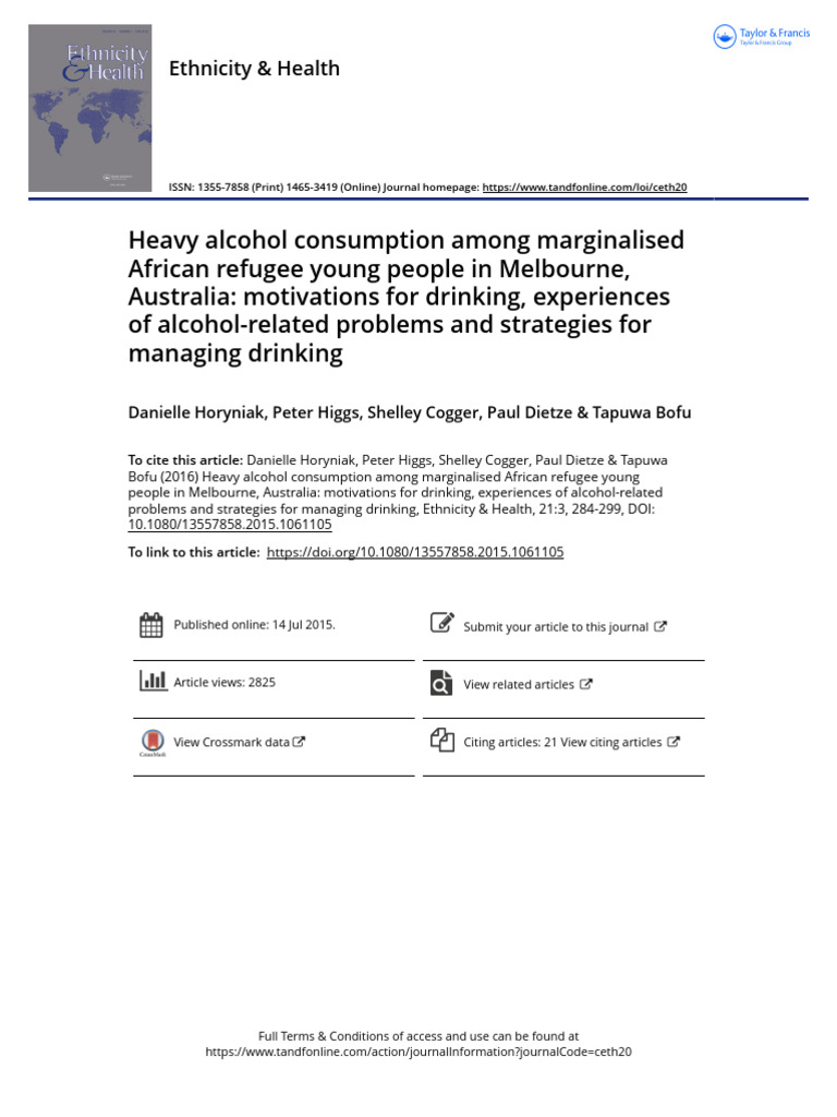 Heavy Alcohol Consumption Among Marginalised African Refugee Young ...
