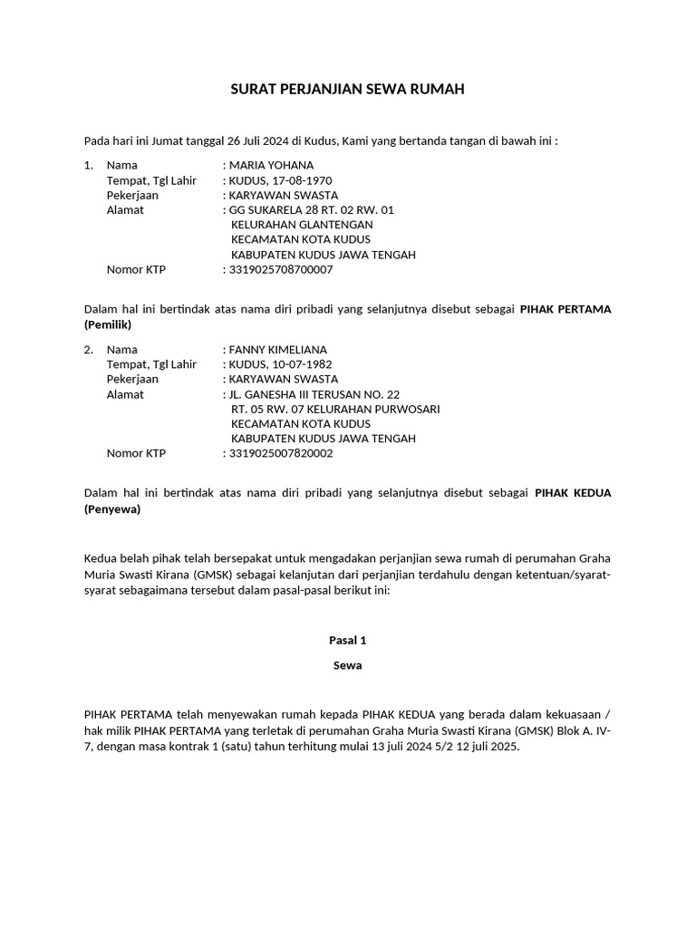 Surat Perjanjian Sewa Rumah | PDF