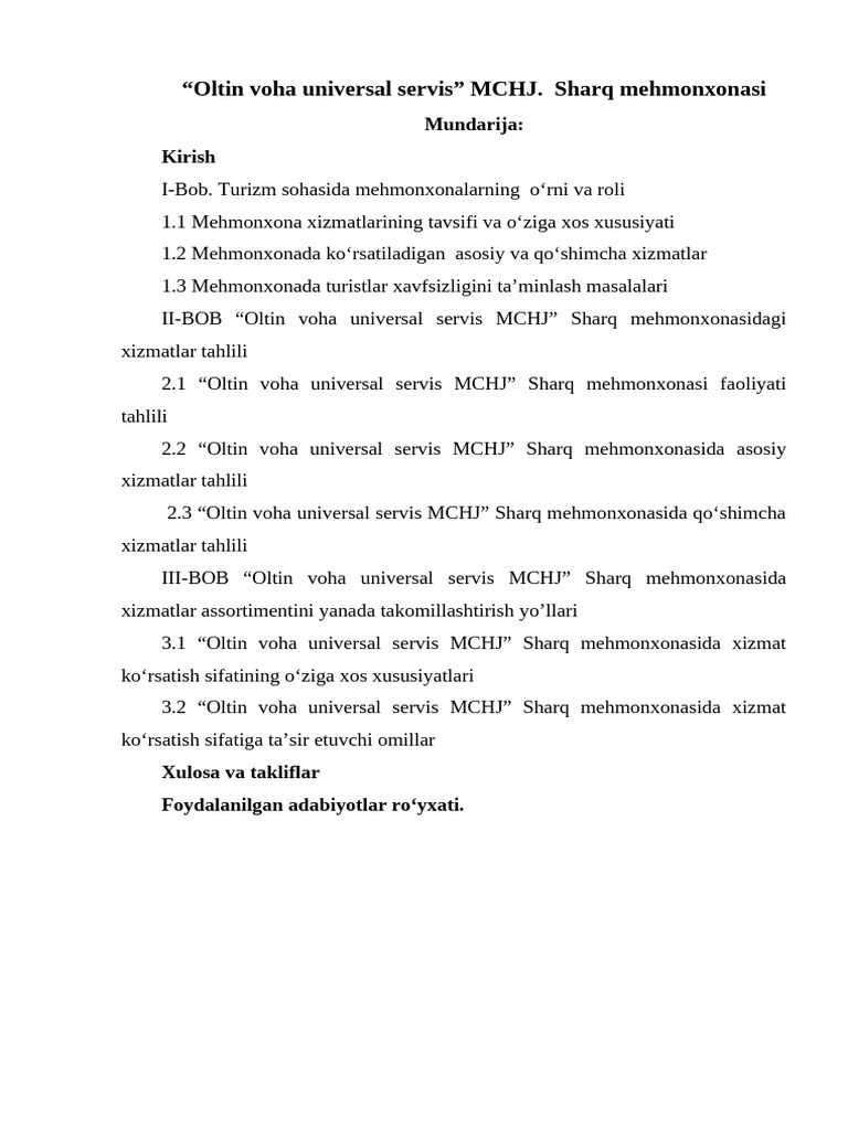 "Oltin Voha Universal Servis" MCHJ. Sharq Mehmonxonasi | PDF
