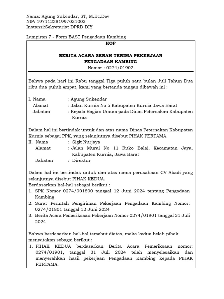 Agung Sukendar - Lampiran 7 - Form BAST Pengadaan Kambing (Revisi) | PDF