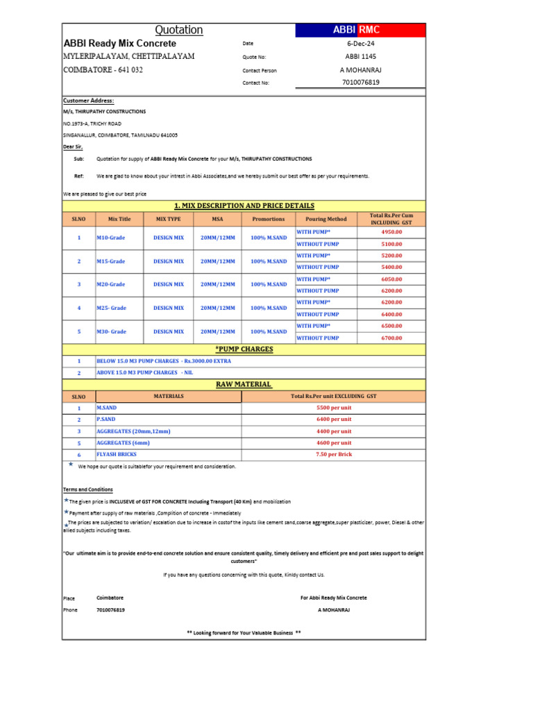 Abbi RMC Quatation For Thirupathy Construction New Rate | PDF ...