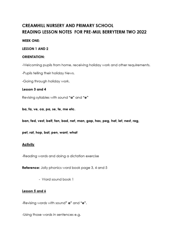 Pre-Primary Reading Lesson Notes Term Two 2019 | PDF | Phonics