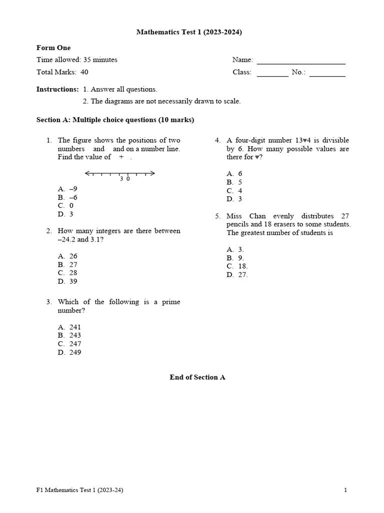 F1 Math Test 1 (Not Sure) | PDF | Numbers | Arithmetic