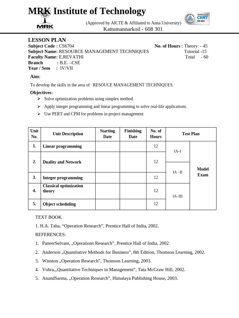 Rmt Lesson Plan | PDF | Linear Programming | Mathematical Optimization