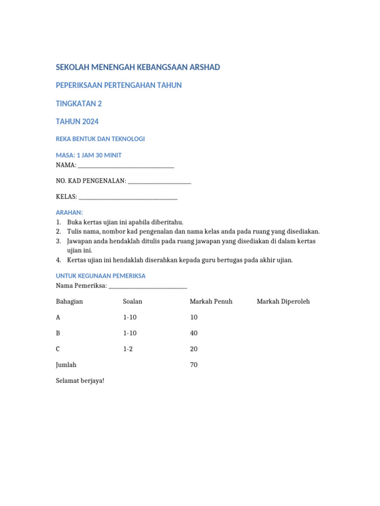 Muka Depan RBT Tingkatan 2 | PDF
