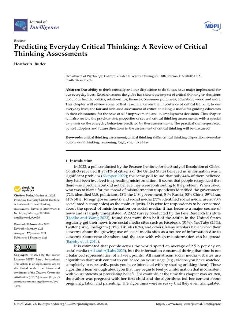 Predicting Everyday Critical Thinking A Review of Critical | PDF ...