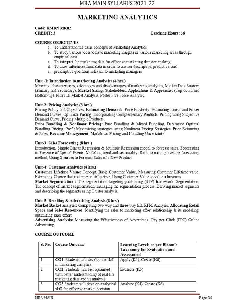 KMBN MK02 Marketing Analytics Syllabus | PDF | Analytics | Marketing