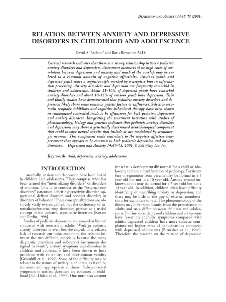 Depression and Anxiety - 2001 - Axelson - Relation Between Anxiety and Depressive Disorders in ...