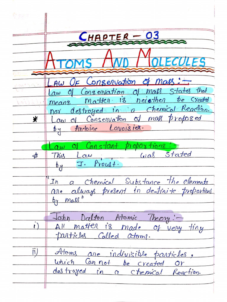 (No W.M.) Chapter 03 ATOMS AND MOLECULES Science Class 9th Handwritten ...