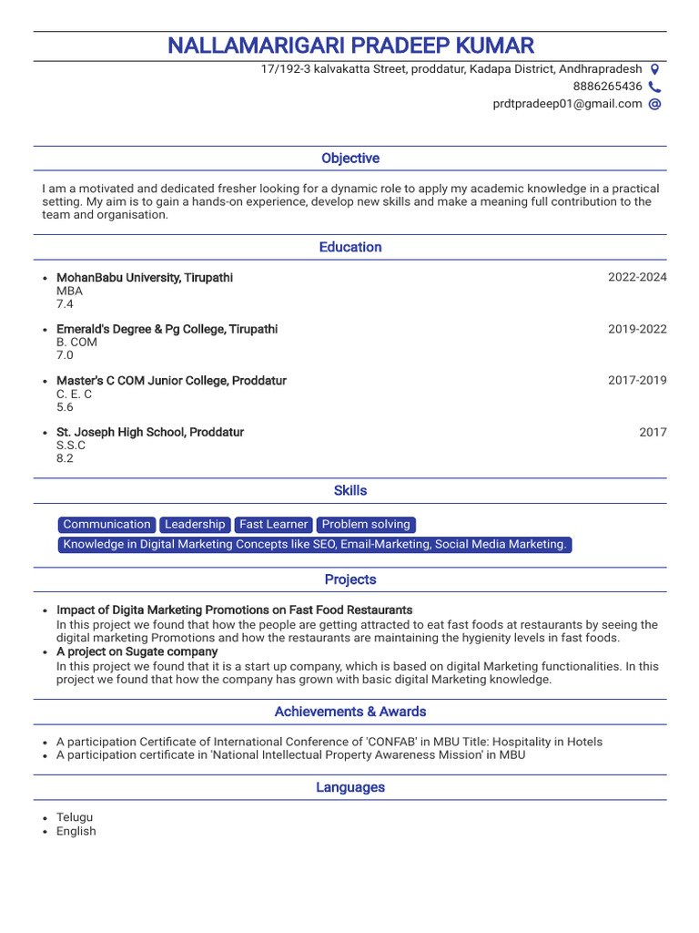 N Pradeep's Resume | PDF