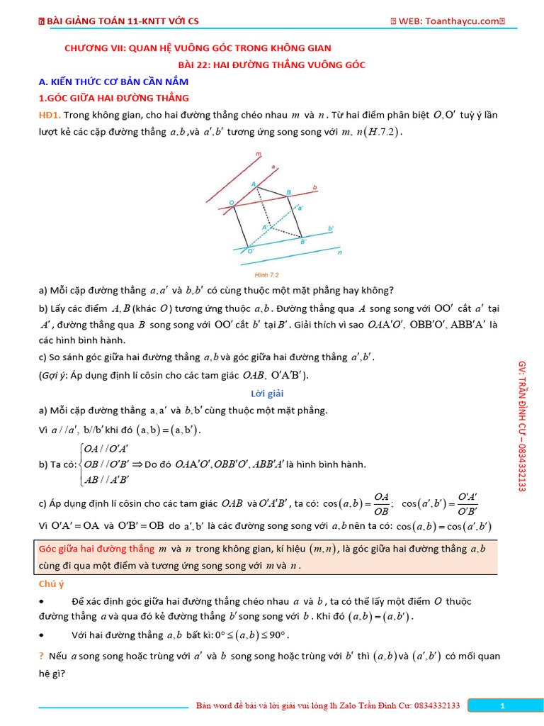 Bai Giang Quan He Vuong Goc Trong Khong Gian Toan 11 Knttvcs | PDF