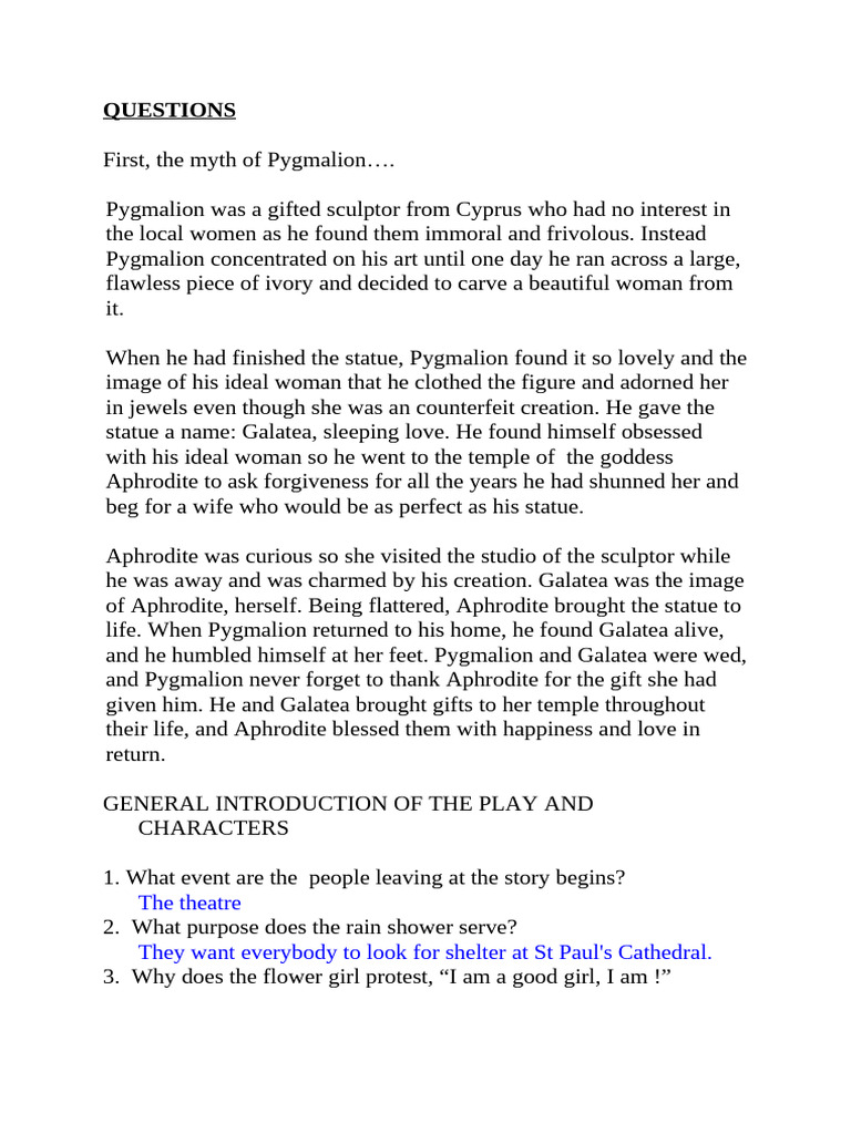 Pygmalion Act 1 Q&A Overview | PDF | Pygmalion (Play)