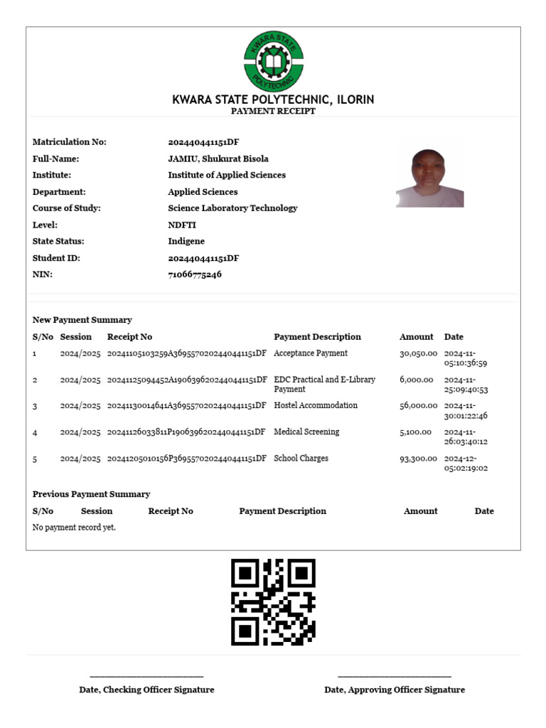 KWARA POLYTECHNIC Payment Receipt 2024 | PDF