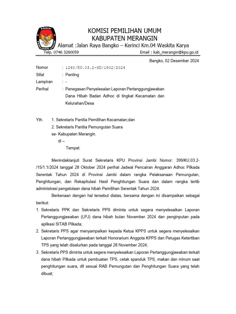 Surat Penegasan Penyelesaian SPJ KPPS PPS dan PPK | PDF