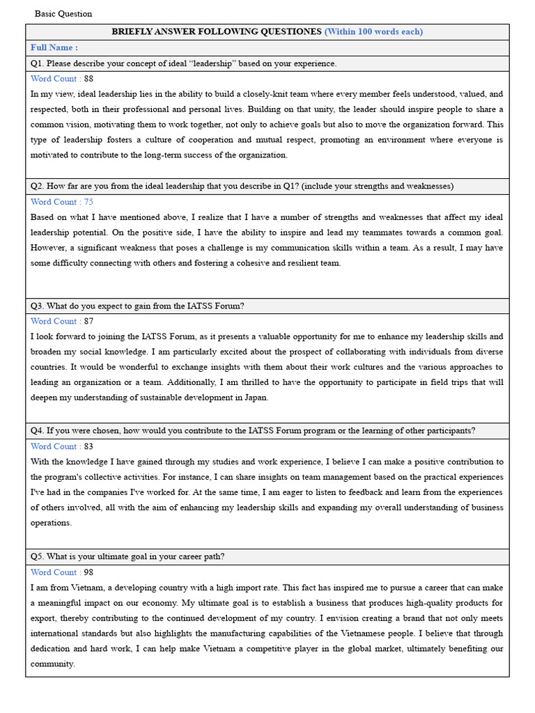 Basic Question Form 67 68 Word | PDF | Leadership | Cognition