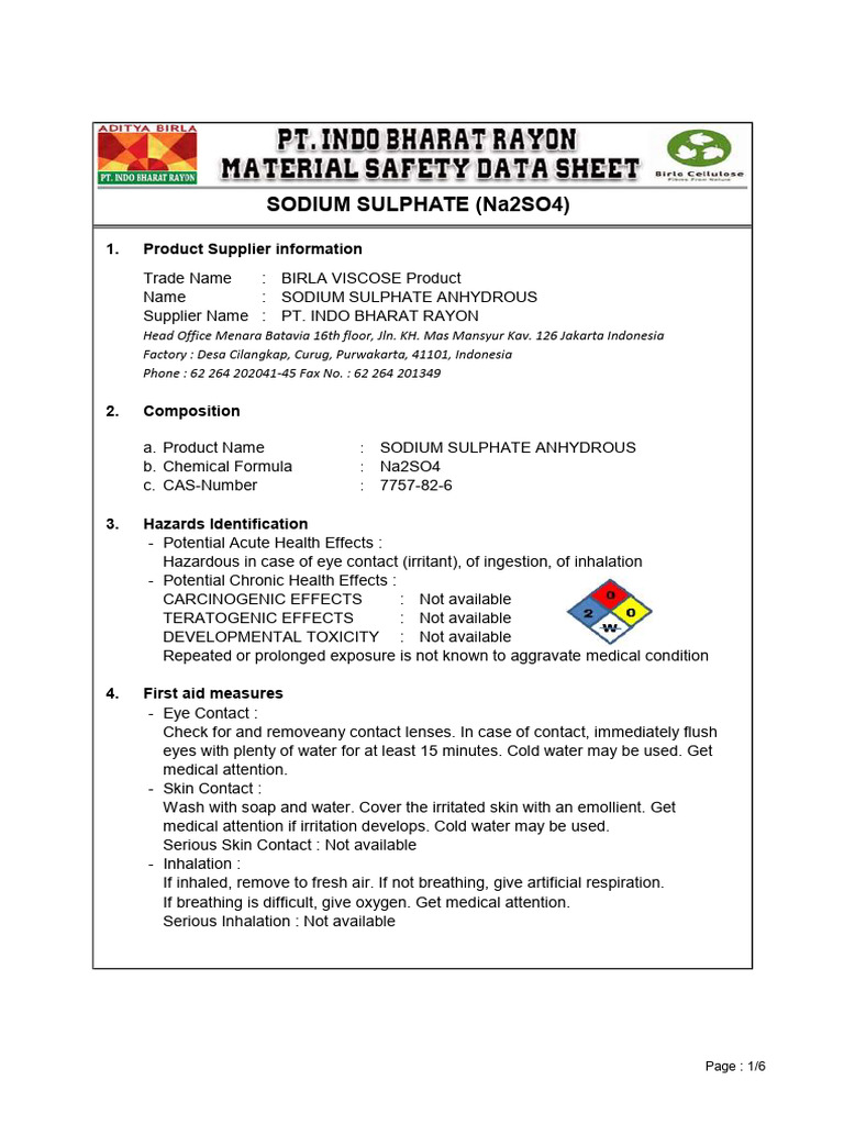 MSDS - Sodium Sulphate-IBR-051220 | PDF | Magnesium | Water