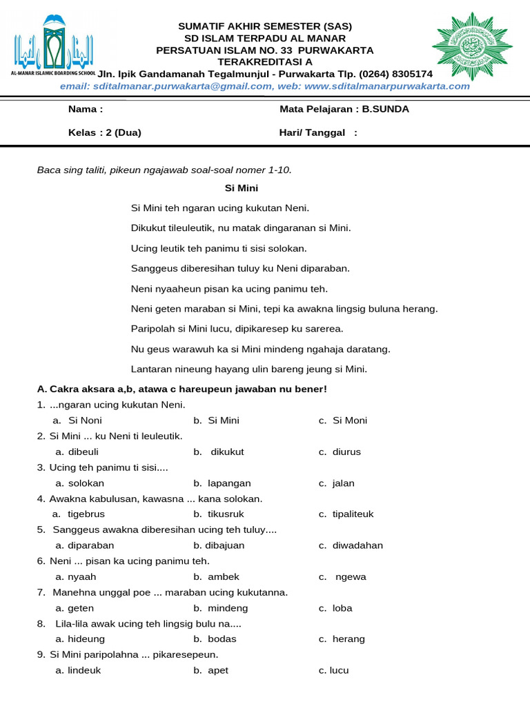 SOAL SAS B.SUNDA 2024-2025 | PDF
