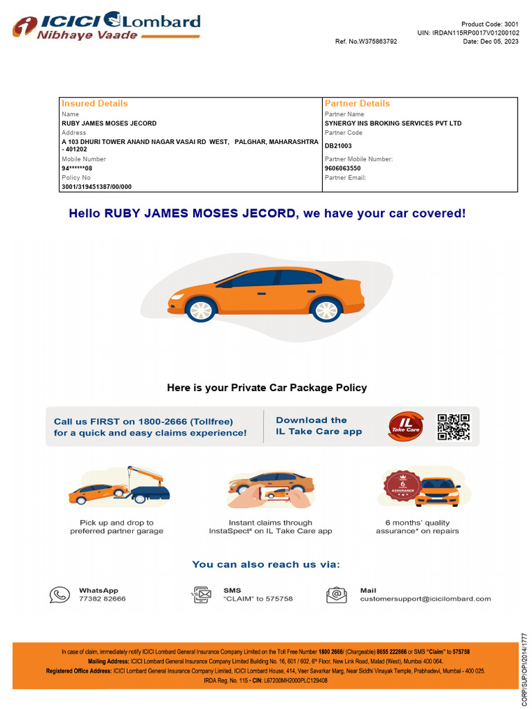 Private Car Insurance Policy Details | PDF | Insurance | Pro Rata
