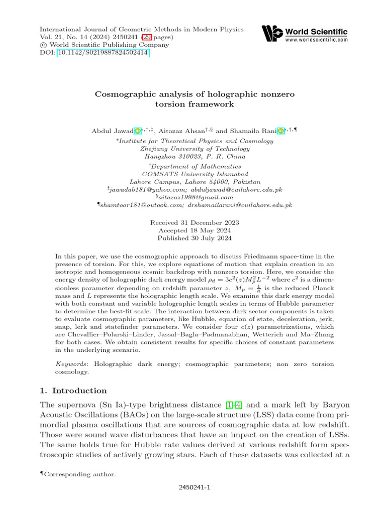 Cosmographic analysis of holographic nonzero torsion framework | PDF ...